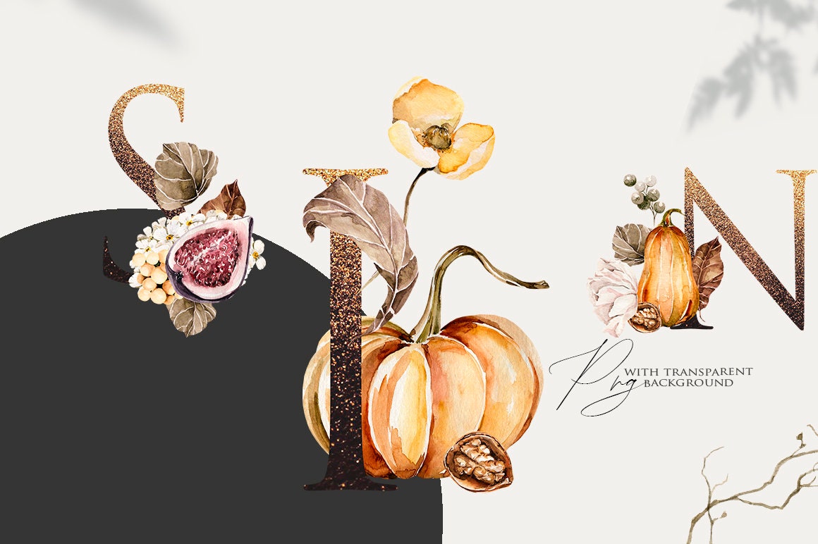 Autumn Clipart Floral Alphabet Gold Letters Clip Art Watercolor Flowers ...