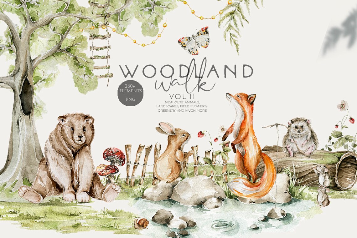 Woodland Animals Clipart Watercolor Bear Bunny Fox Hedgehog - Etsy