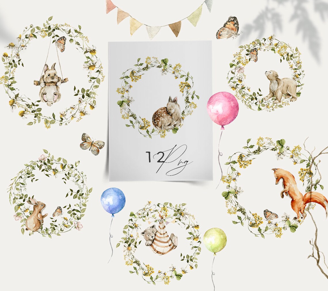 Woodland Animals Clipart Watercolour Floral Wreath Cute Bunny Bear Fox ...