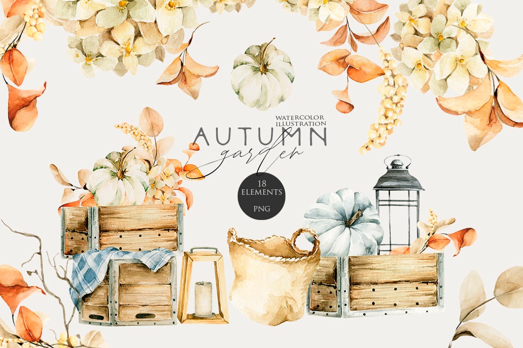Autumn Garden Clipart Watercolor Pumpkins Fall Decor Cozy Autumn Clip ...