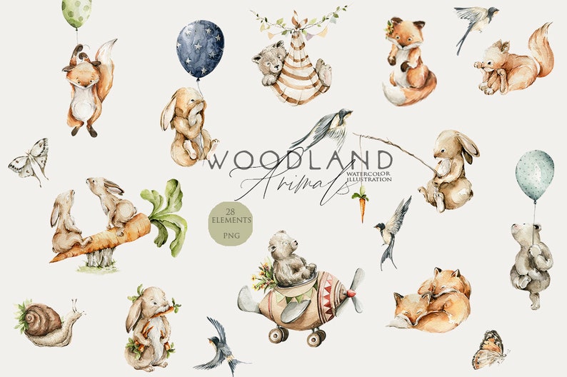 Woodland Animals Clipart Cute Baby Animal Woodland Baby Shower Nursery ...