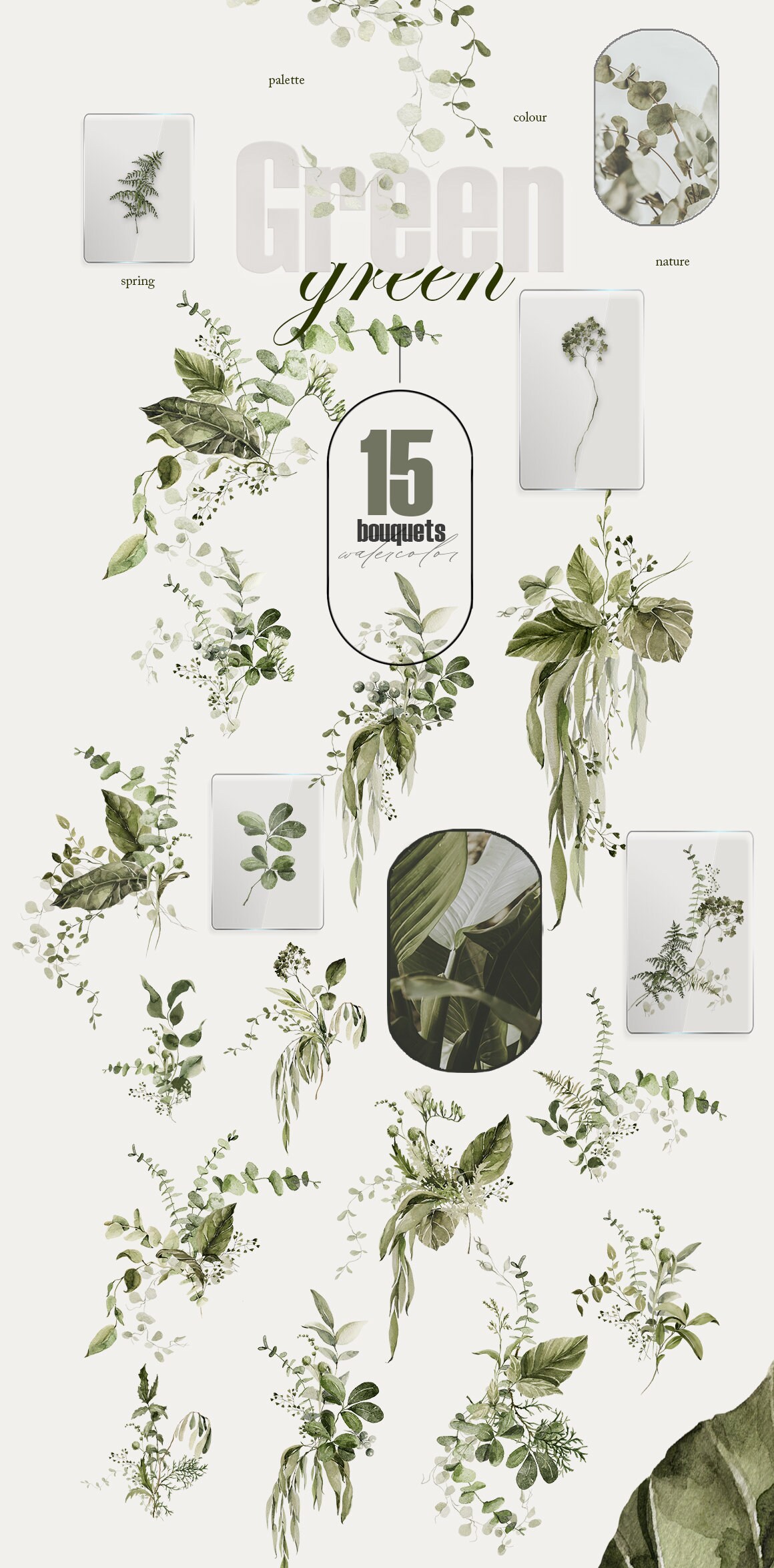 Watercolor Greenery Floral Clipart Green Leaves Frame Watercolour Field ...