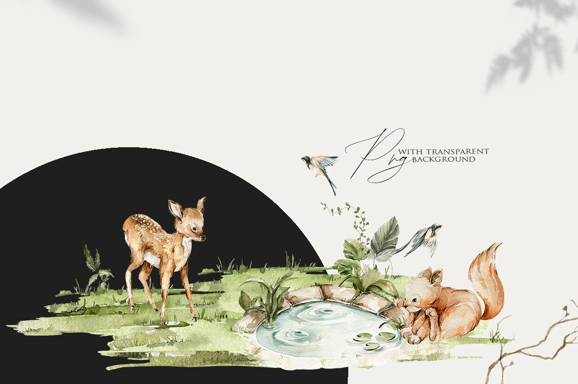 Woodland Clipart Cute Baby Animals Deer Fawn Squirrel Baby Girl Clip ...