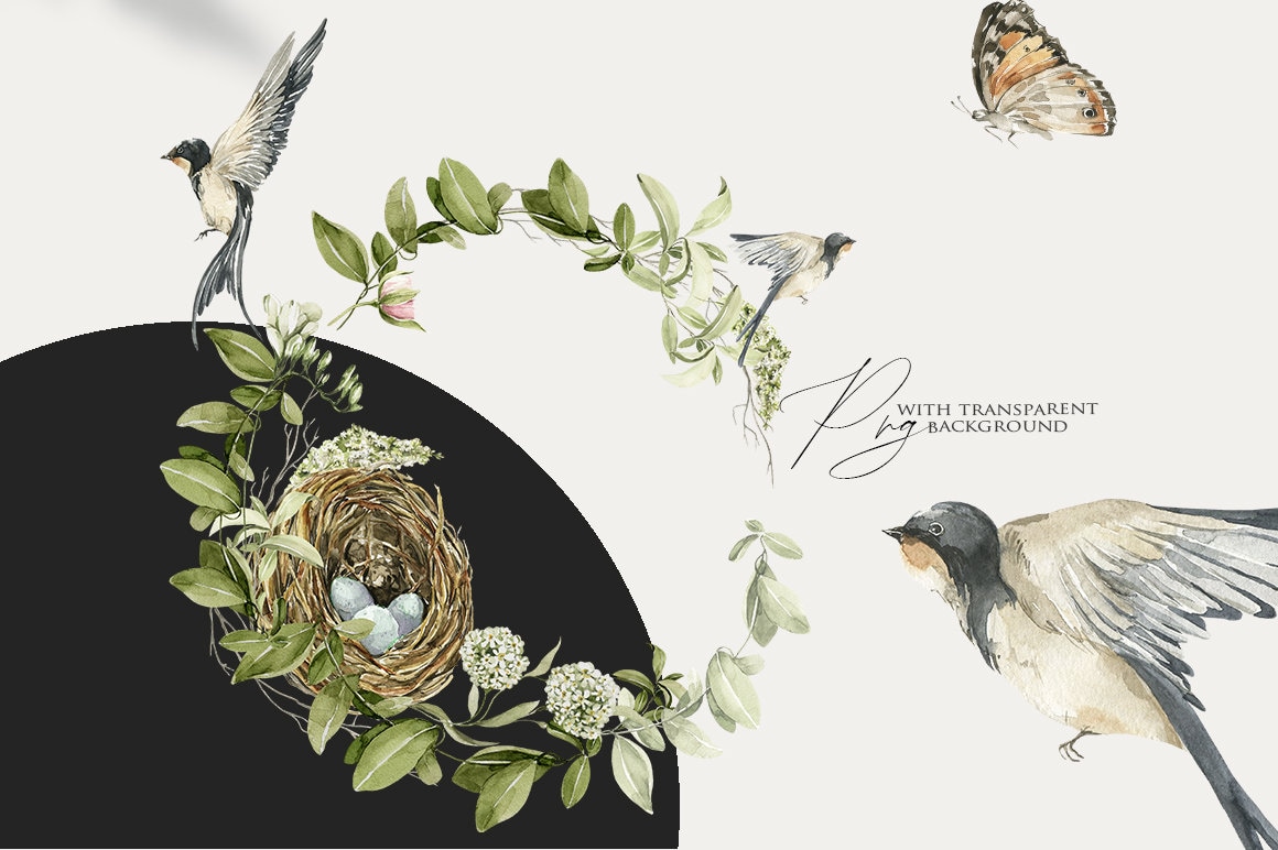 Floral Wreath Clipart Watercolor Bird Nest Greenery Easter Frame Birds ...