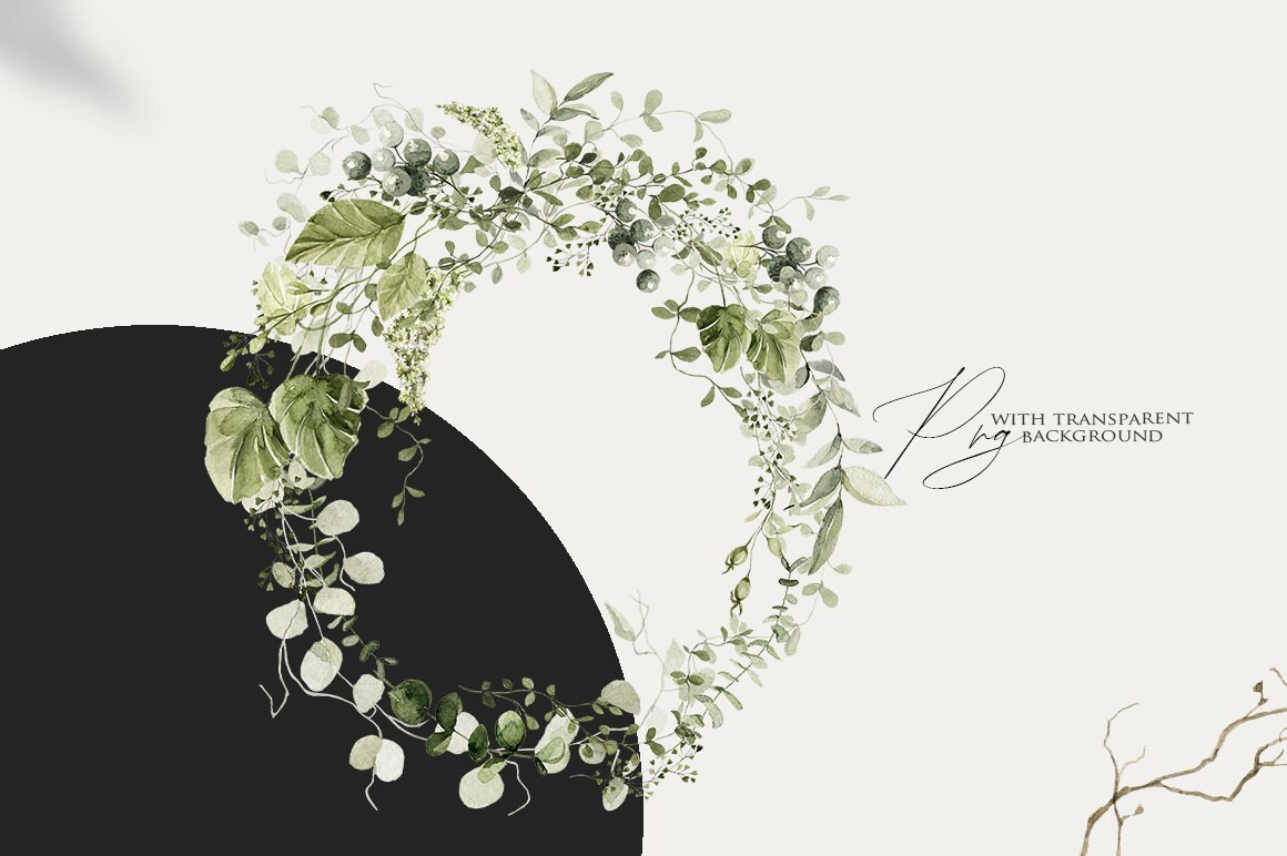 Greenery Wreath Clipart Watercolor Floral Frame Foliage Clip Art Green ...