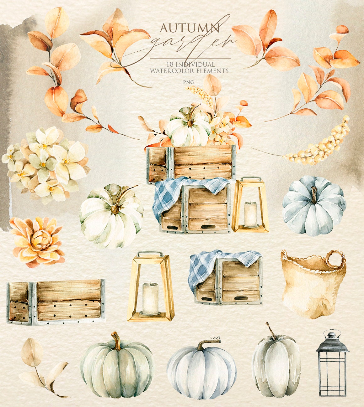 Autumn Garden Clipart Watercolor Pumpkins Fall Decor Cozy Autumn Clip ...