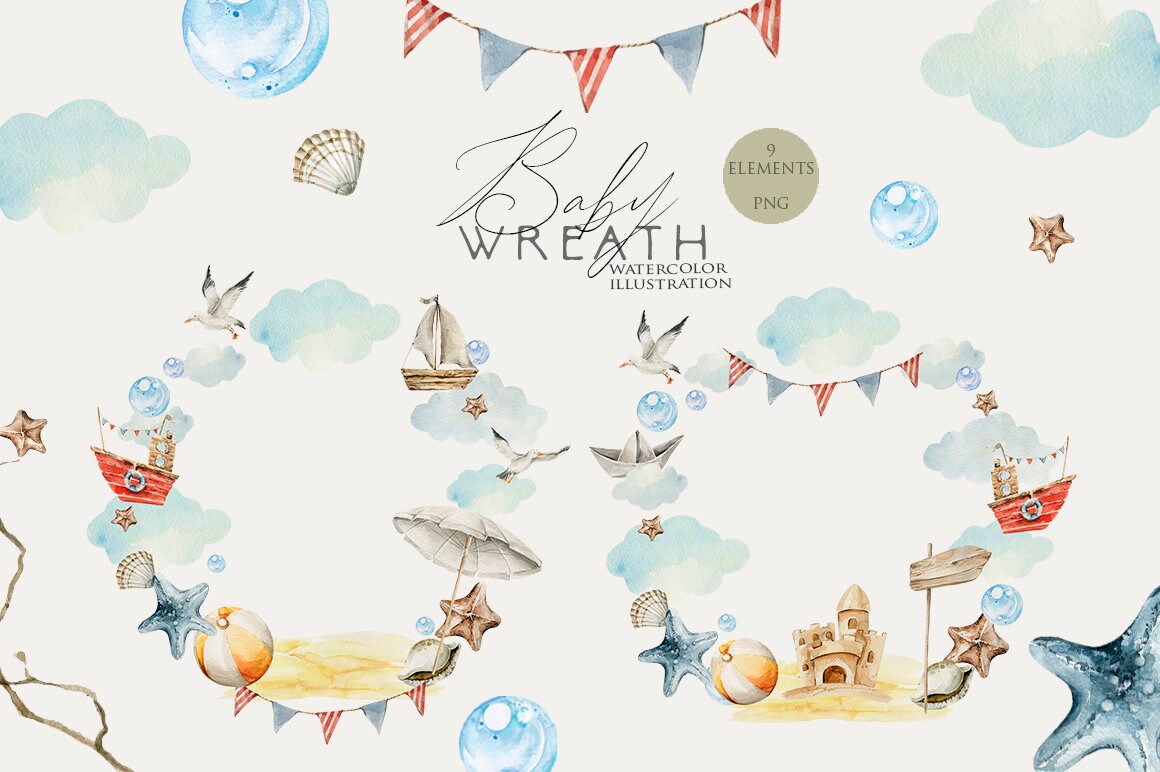 Baby Frame Clipart Nautical Baby Boy Wreath Watercolor Clouds Toys ...