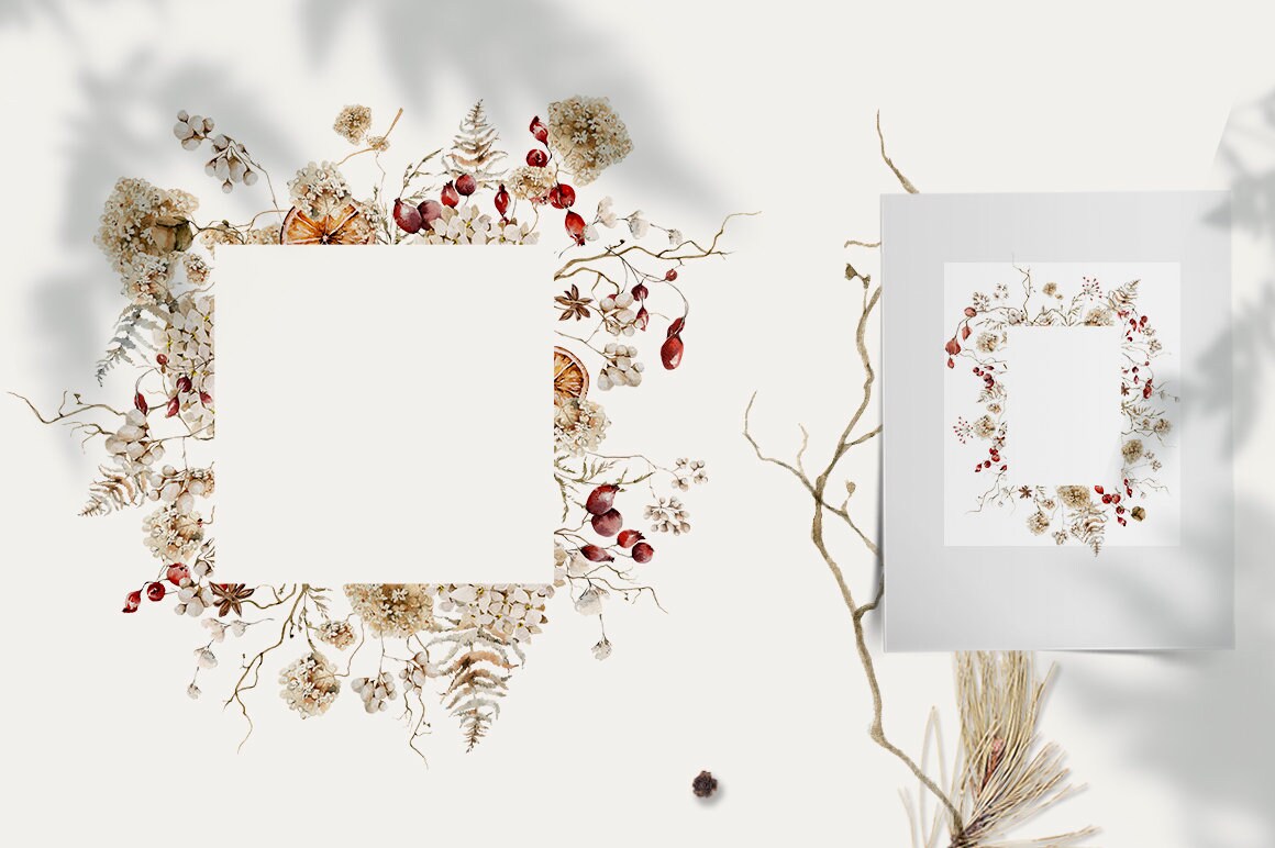 Floral Frame Clipart Dried Flowers Border Winter Floral Wreath Beige ...