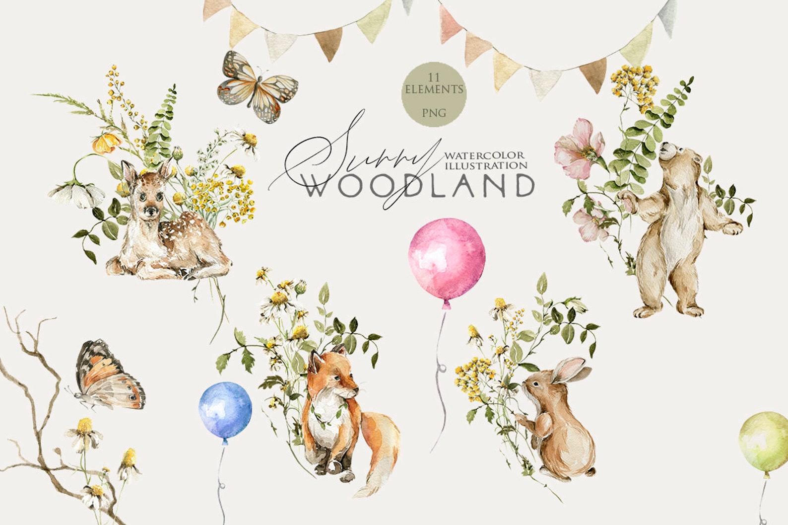 Woodland Animals Clipart Forest Floral Bouquet Watercolor Bunny Bear ...