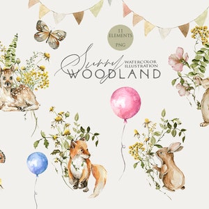 Woodland Animals Clipart Forest Floral Bouquet Watercolor Bunny Bear ...