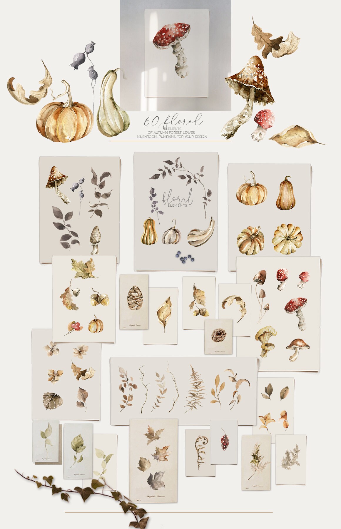 Watercolor Autumn Floral Fall Leaves Clipart Watercolour Pumpkins ...