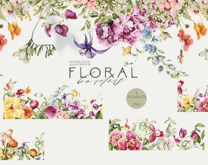 Teal Green Flower Border Clipart, Watercolor Green Floral PNG, Flower ...