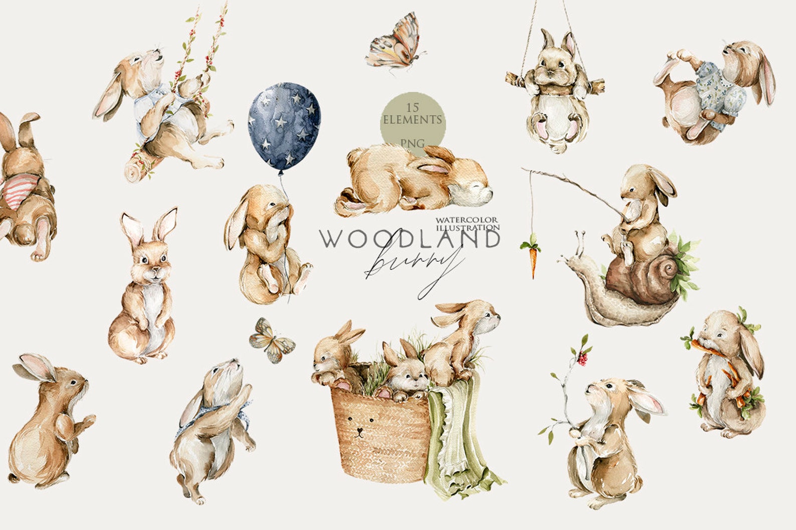 Woodland Animals Cute Bunny Clipart Watercolour Rabbits Forest Baby ...