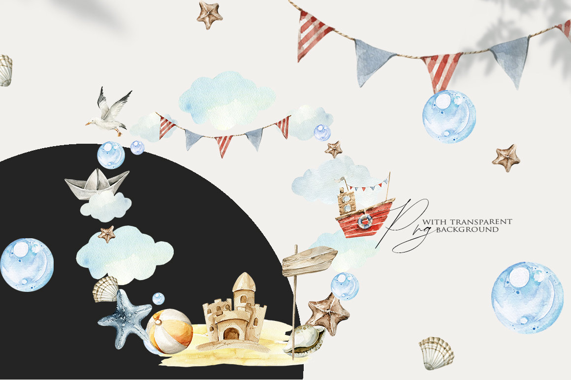 Baby Frame Clipart Nautical Baby Boy Wreath Watercolor Clouds Toys ...
