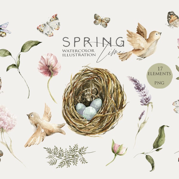 Floral Wreath Clipart Watercolor Bird Nest Greenery Easter Frame Birds ...