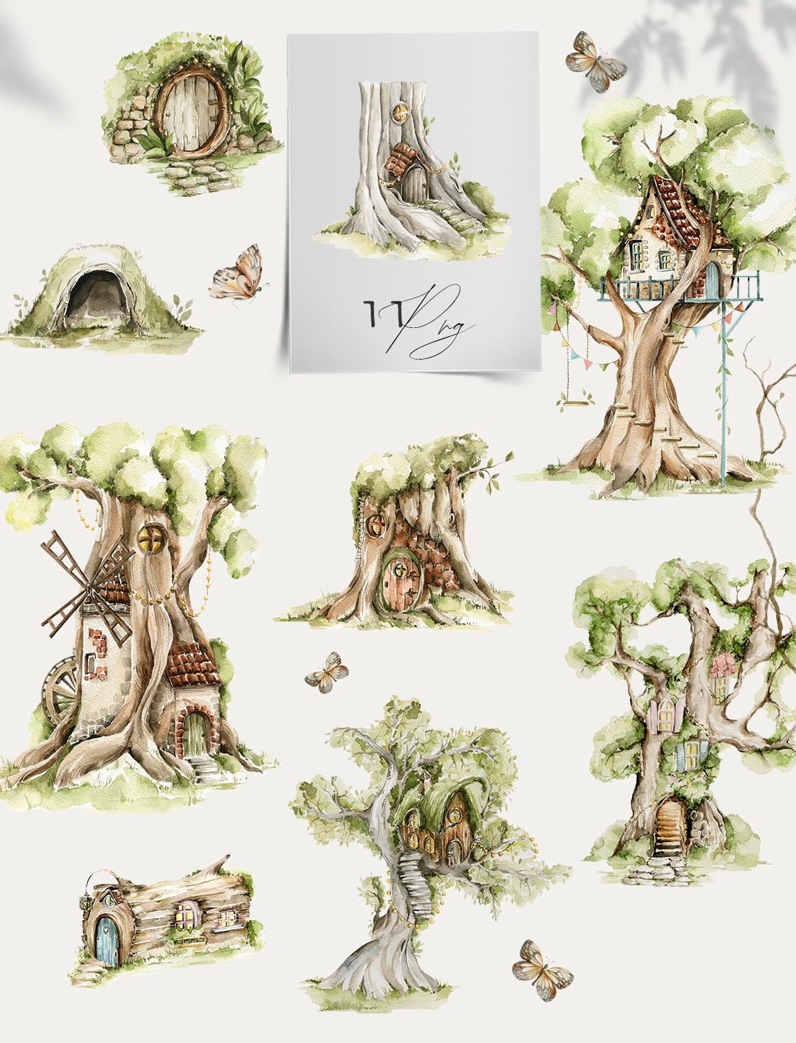 Woodland Scene Watercolor Treehouse Clipart Forest Landscape Tree House ...