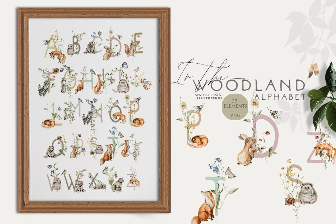 Woodland Alphabet Сute Animals Letters Fox Bear Bunny Clipart Woodland ...