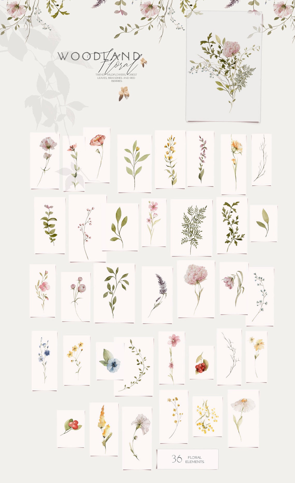 Woodland Clipart Watercolor Field Flowers Wildflowers Greenery Floral ...