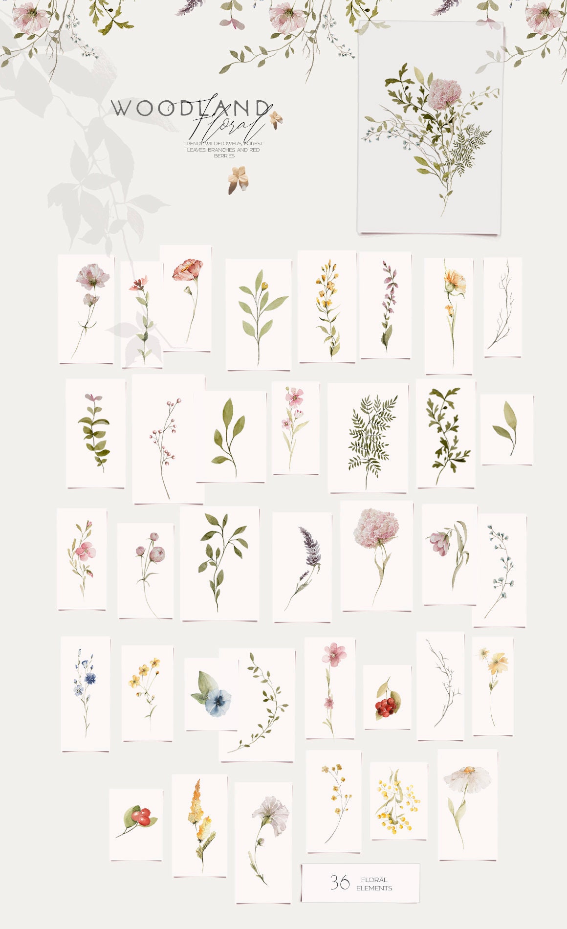 Woodland Clipart Watercolor Field Flowers Wildflowers Greenery Floral ...