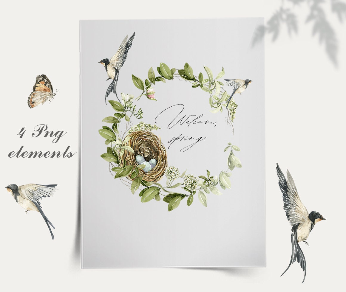 Floral Wreath Clipart Watercolor Bird Nest Greenery Easter Frame Birds ...