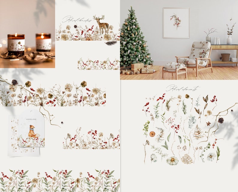 Woodland Christmas Clipart Winter Forest Cute Baby Animals Holiday Bear ...