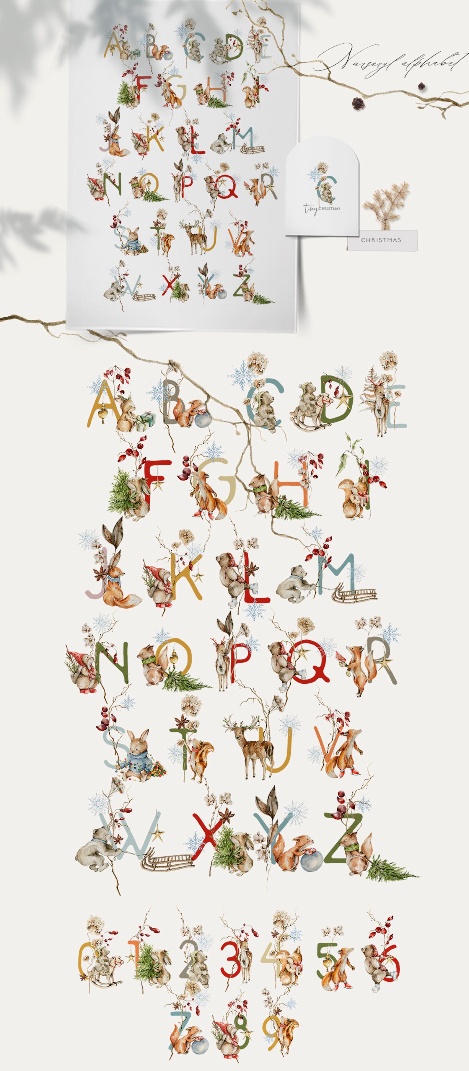 Woodland Alphabet Clipart Baby Animals Letters Numbers Watercolor ...