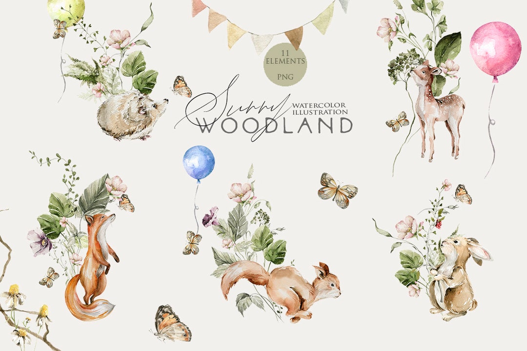 Woodland Clipart Watercolor Flowers Leaves Baby Animals Bunny Bear Fox ...