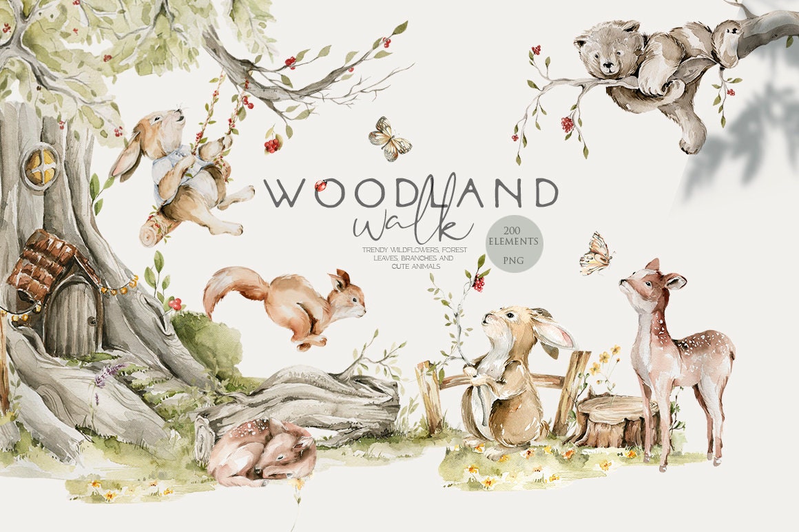 Woodland Clipart Bundle Baby Animals Watercolor Animal Forest Bear ...