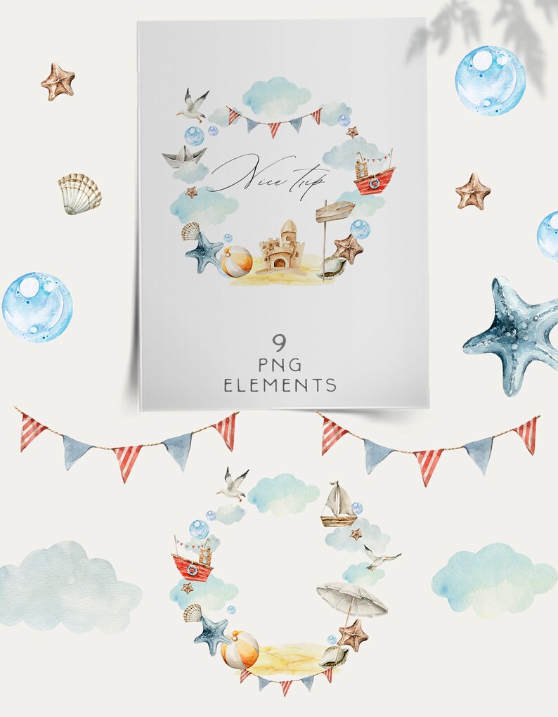 Baby Frame Clipart Nautical Baby Boy Wreath Watercolor Clouds Toys ...