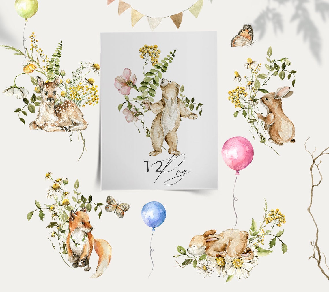 Woodland Animals Clipart Forest Floral Bouquet Watercolor Bunny Bear ...
