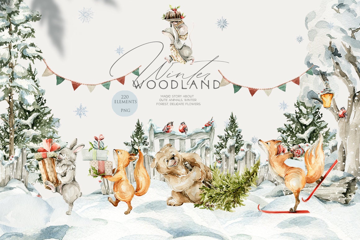 Woodland Christmas Clipart Forest Baby Animals Winter Holiday Clip Art ...