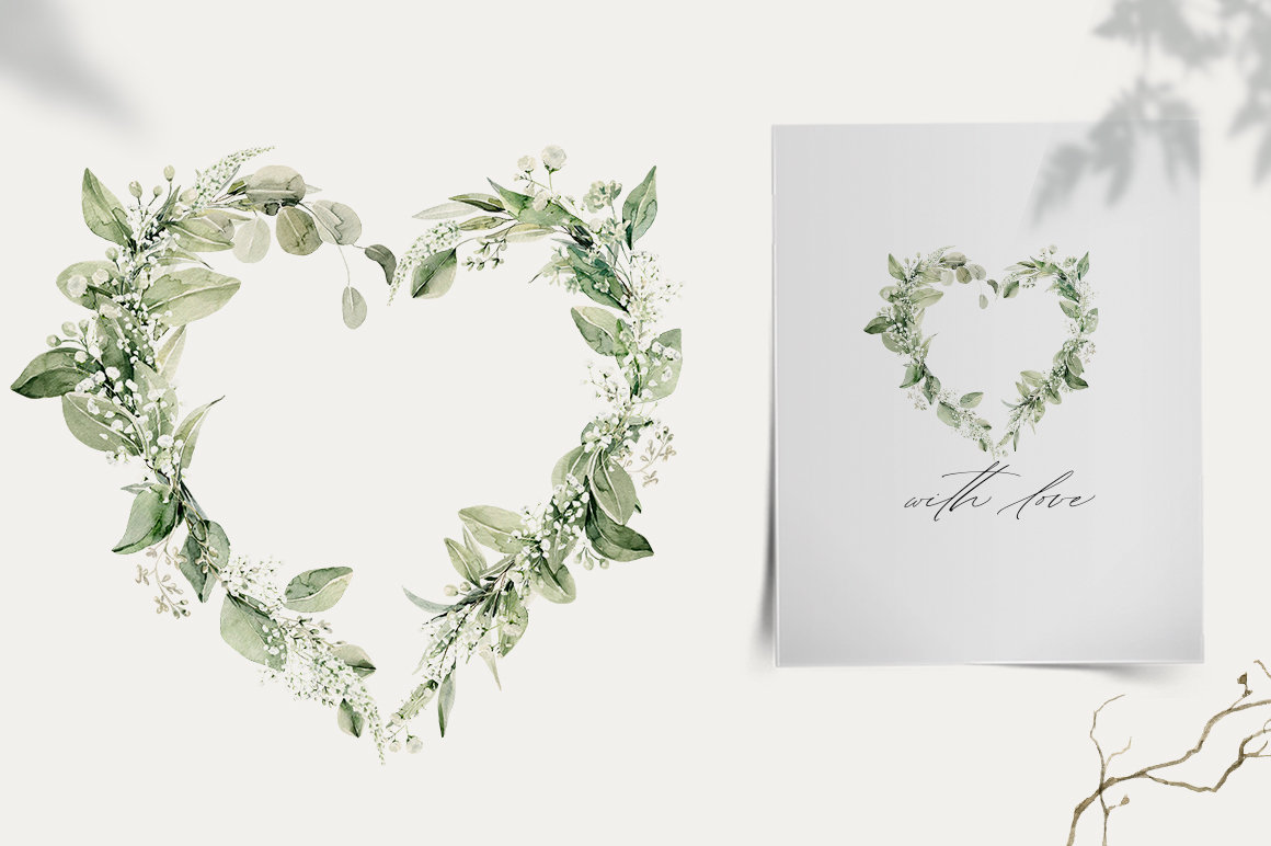 Floral Heart Clipart Watercolor Greenery Floral Wreath Clip Art Field ...