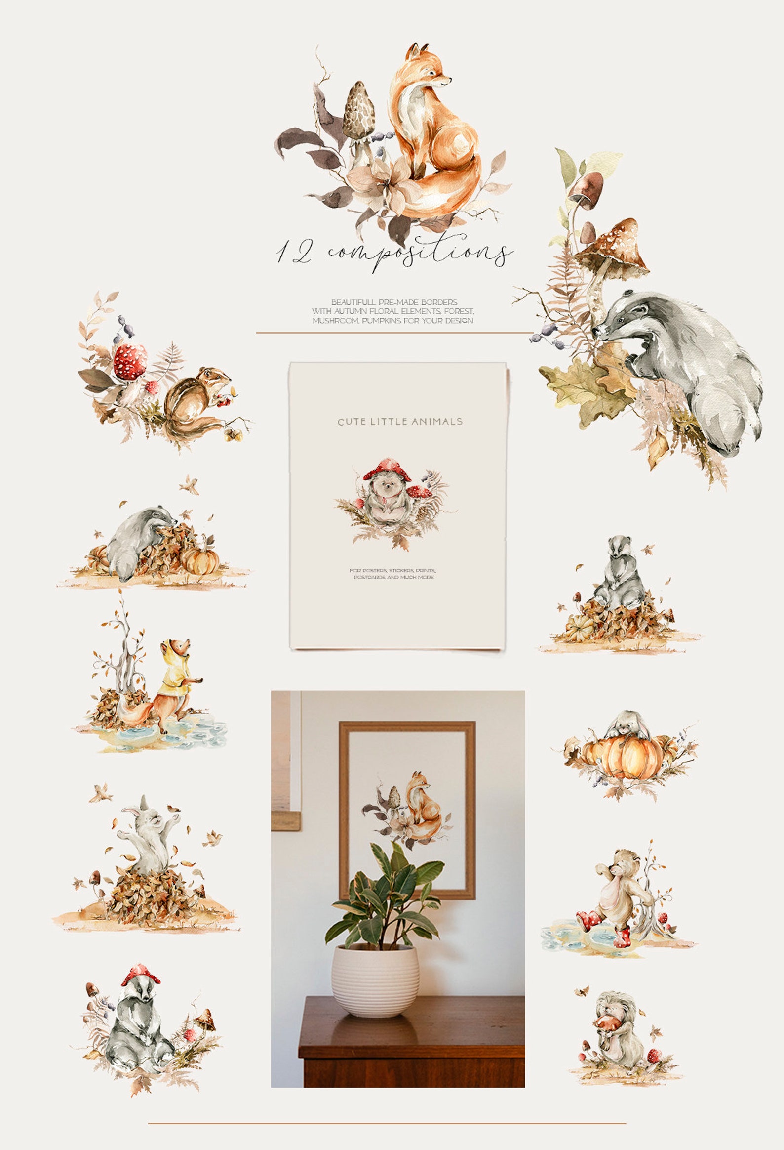 Woodland Autumn Clipart Fall Forest Cute Baby Animals Bear Bunny Fox ...