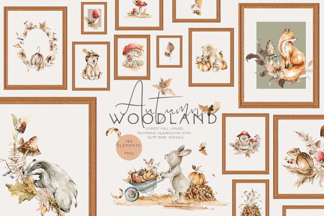 Woodland Autumn Clipart Fall Forest Cute Baby Animals Bear Bunny Fox ...