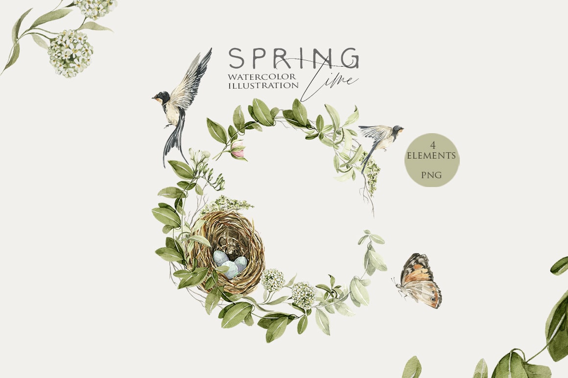 Floral Wreath Clipart Watercolor Bird Nest Greenery Easter Frame Birds ...