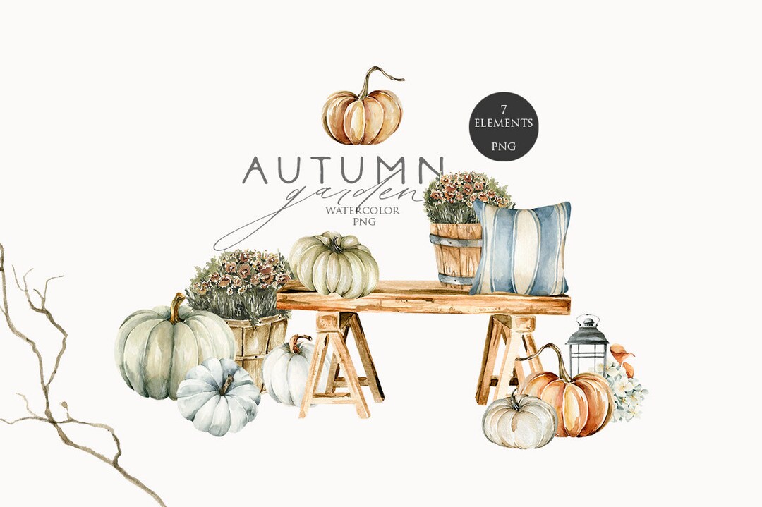 Autumn Garden Clipart Watercolor Pumpkins Cozy Autumn Fall Garden Clip ...