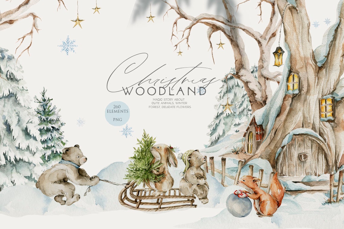 Woodland Christmas Clipart Winter Forest Cute Baby Animals - Etsy