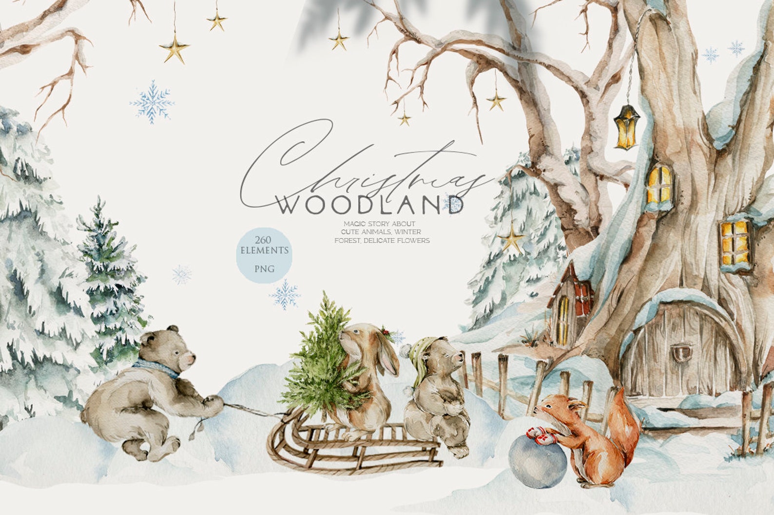 Woodland Christmas Clipart Winter Forest Cute Baby Animals Holiday Bear ...