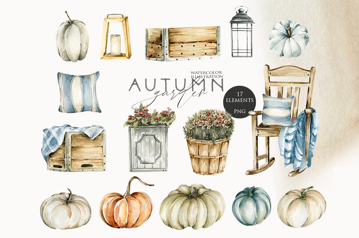 Autumn Clipart Fall Garden Clip Art Watercolor Pumpkins Lantern Harvest ...