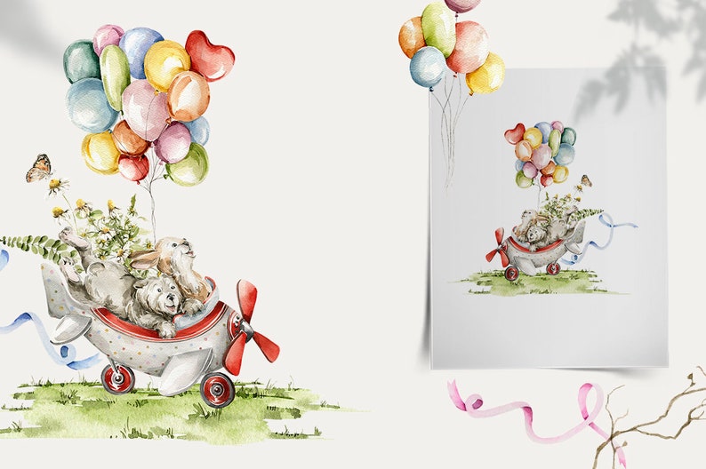 Baby Birthday Clipart Watercolor Airplane Cute Woodland Animals ...