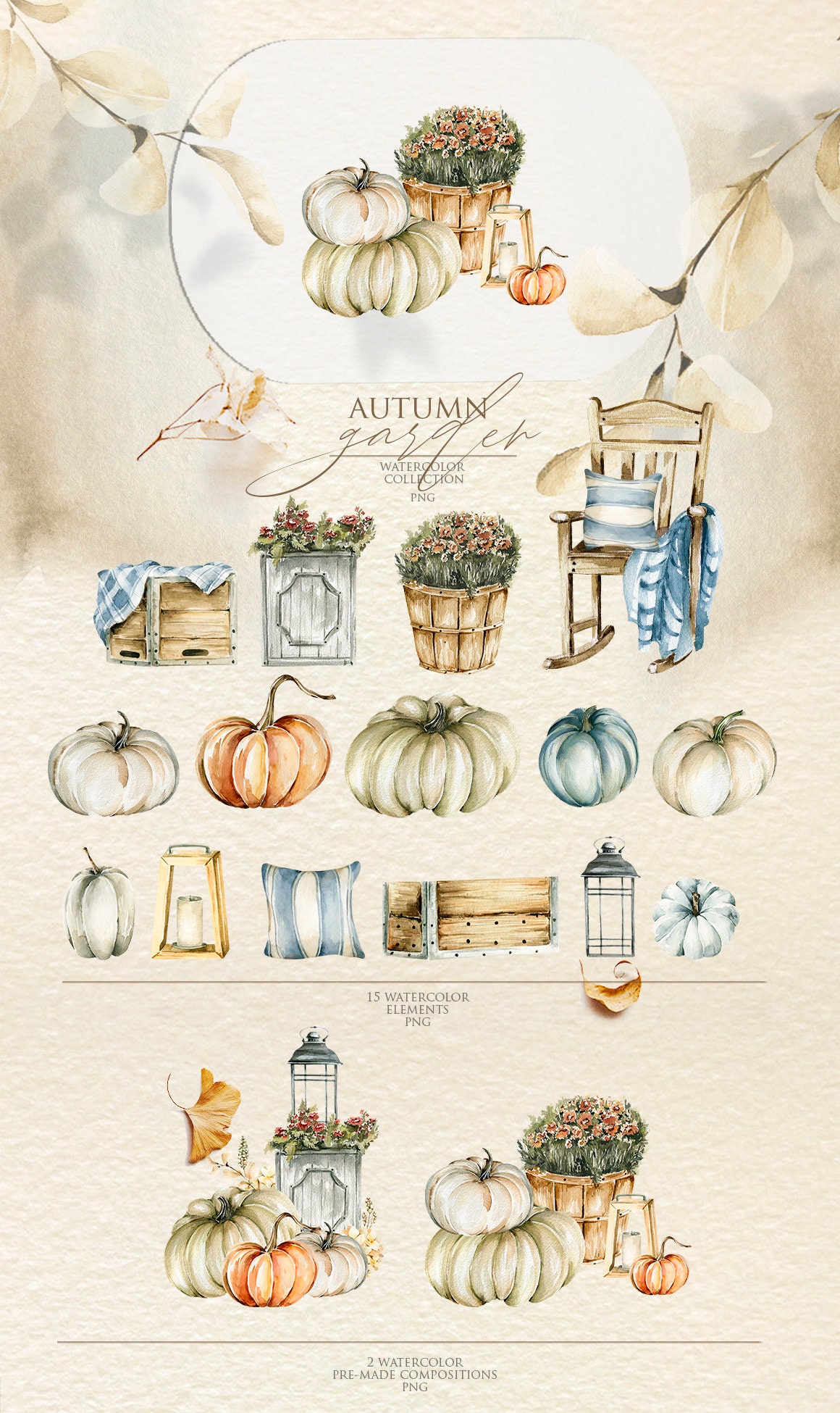 Autumn Clipart Fall Garden Clip Art Watercolor Pumpkins Lantern Harvest ...