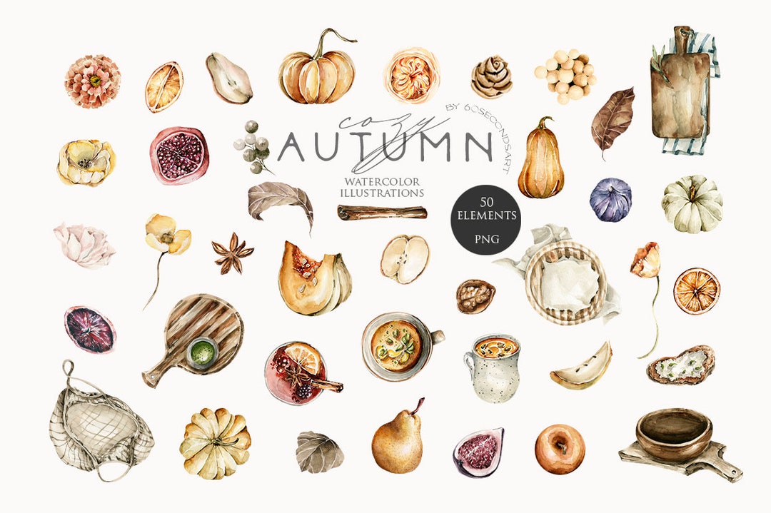 Autumn Clipart Cozy Autumn Elements Watercolor Pumpkins Clip Art ...