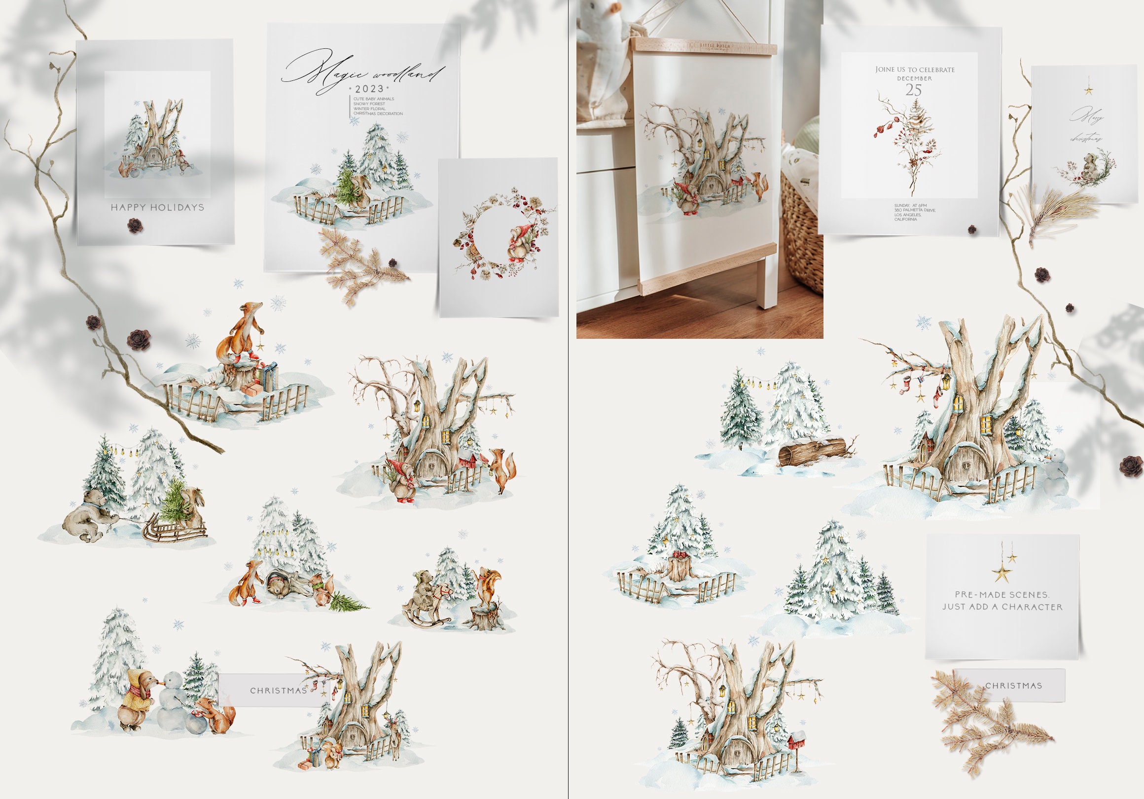 Woodland Christmas Clipart Winter Forest Cute Baby Animals Holiday Bear ...
