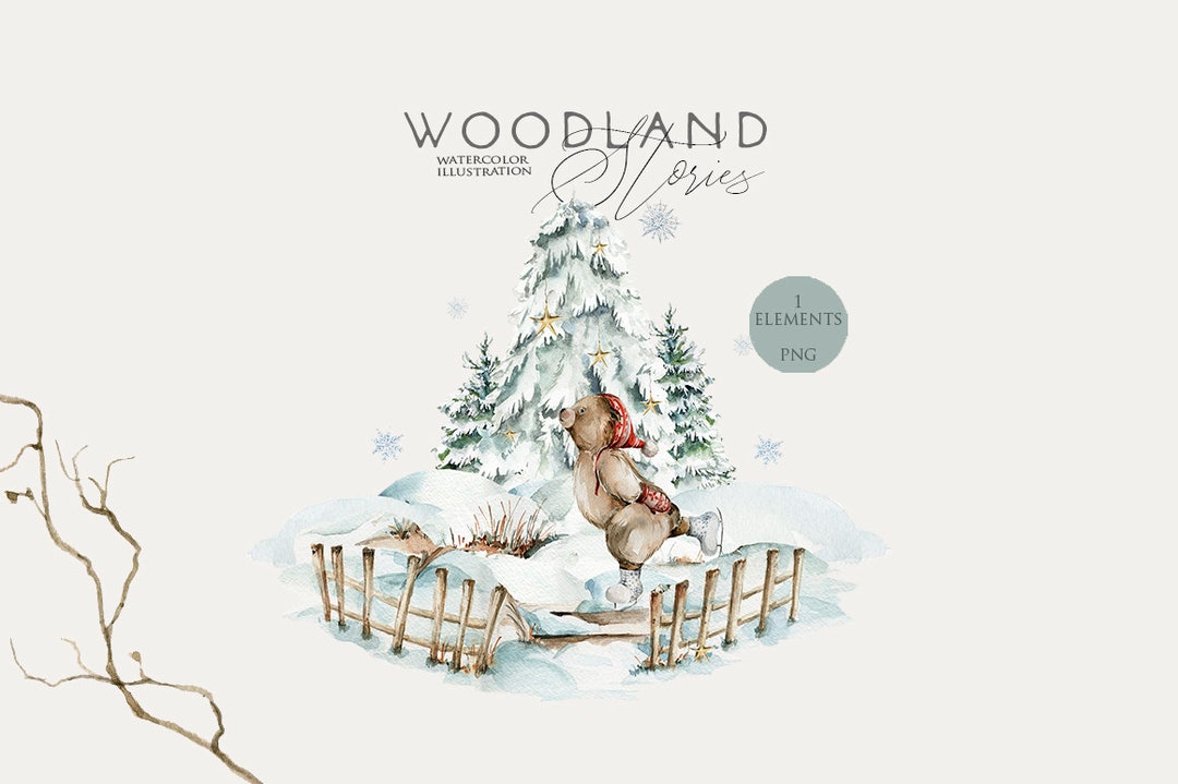 Woodland Christmas Animals Winter Forest Bear Watercolor Bear Clipart ...