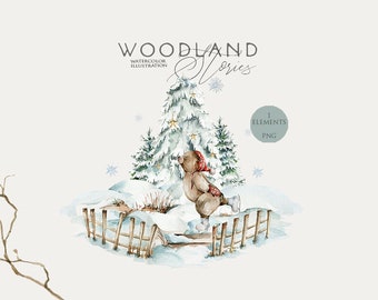 Watercolor Christmas Bear Clipart: Boho Woodland Animals (PNG) - Etsy