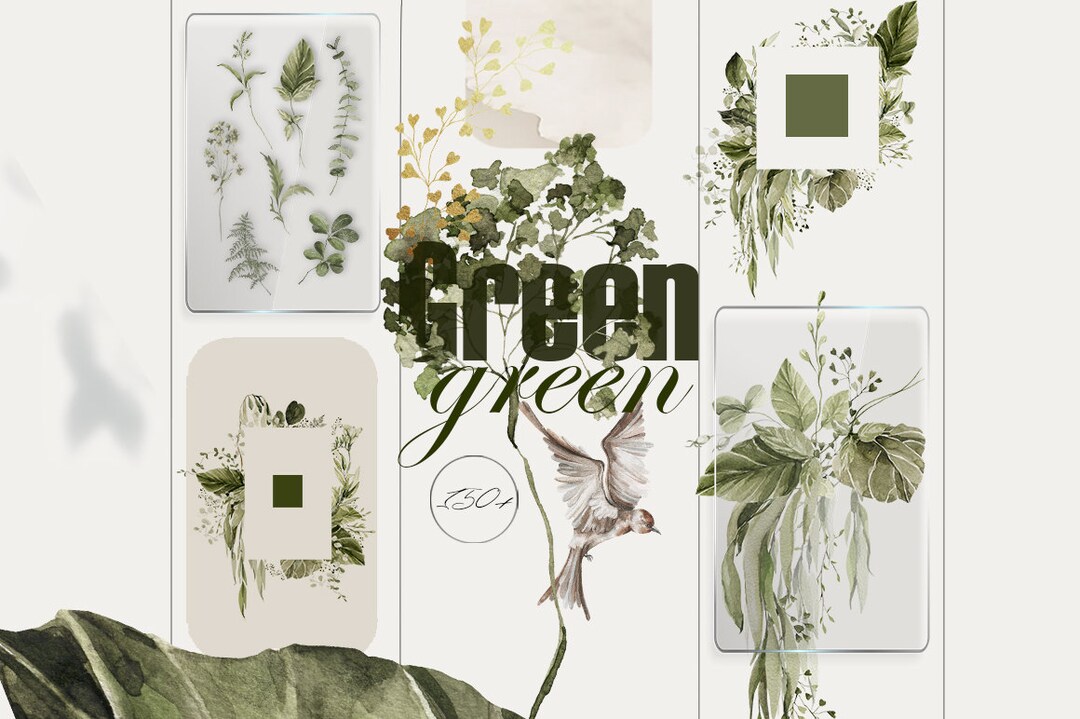 Watercolor Greenery Floral Clipart Green Leaves Frame Watercolour Field ...