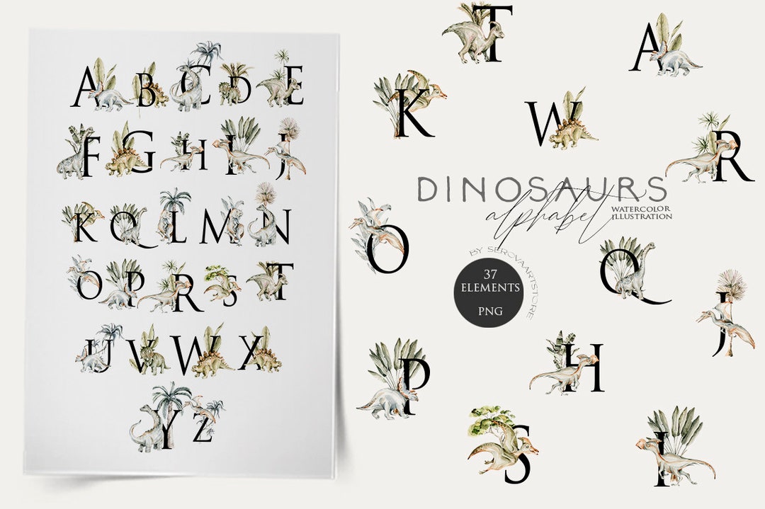 Dinosaurs Alphabet Clipart Dino Letters Numbers Watercolor Dinosaurs ...
