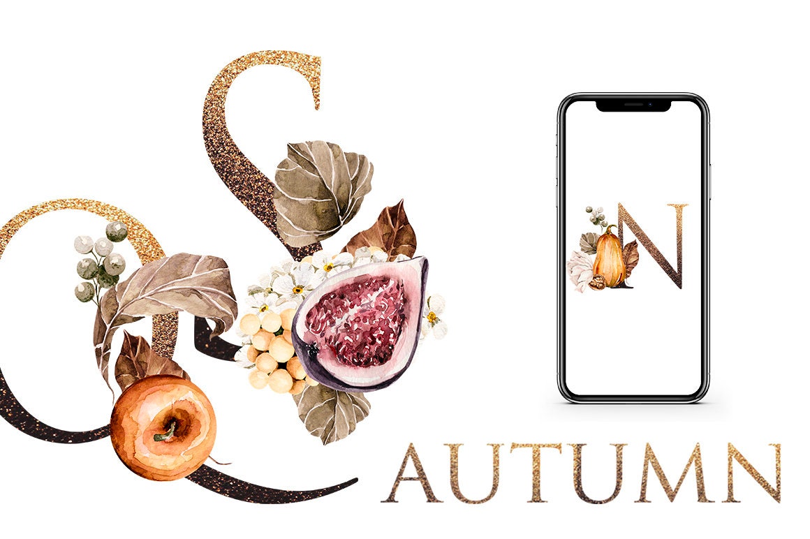 Autumn Clipart Floral Alphabet Gold Letters Clip Art Watercolor Flowers ...