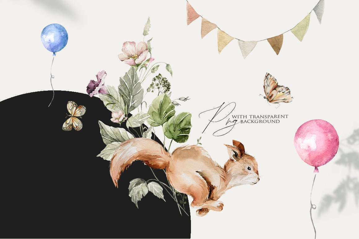 Woodland Clipart Watercolor Flowers Leaves Baby Animals Bunny Bear Fox ...