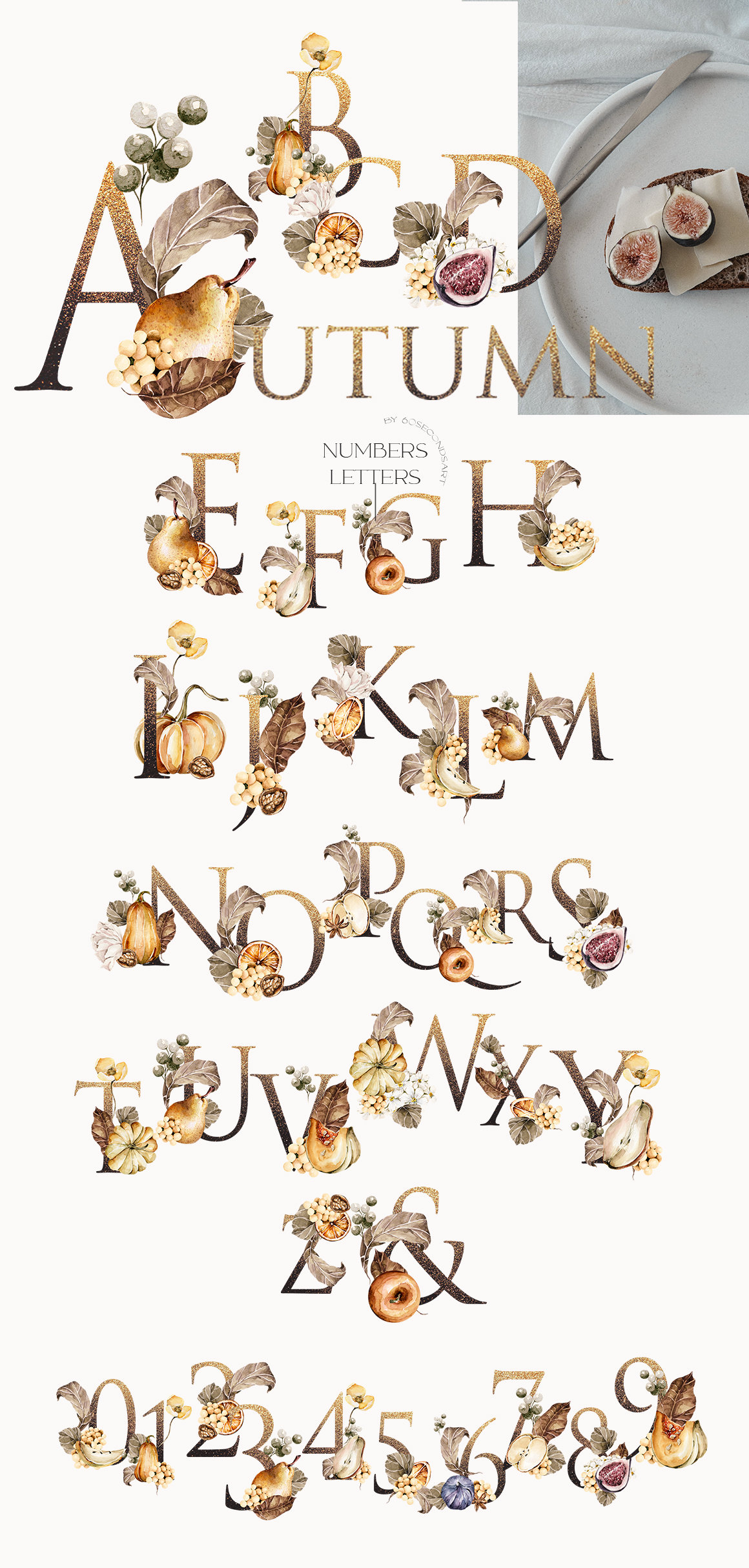 Autumn Clipart Floral Alphabet Gold Letters Clip Art Watercolor Flowers ...